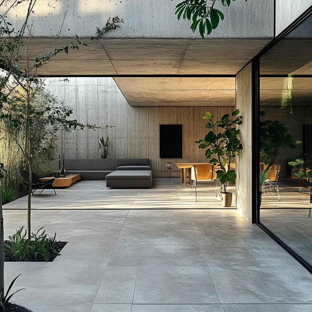 Natural stone terrace, polished concrete, sandstone, brick & blue ston